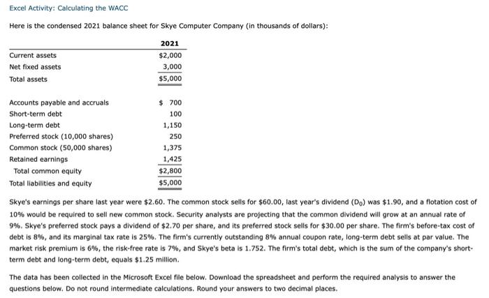 Solved Excel Activity: Calculating the WACC Here is the | Chegg.com