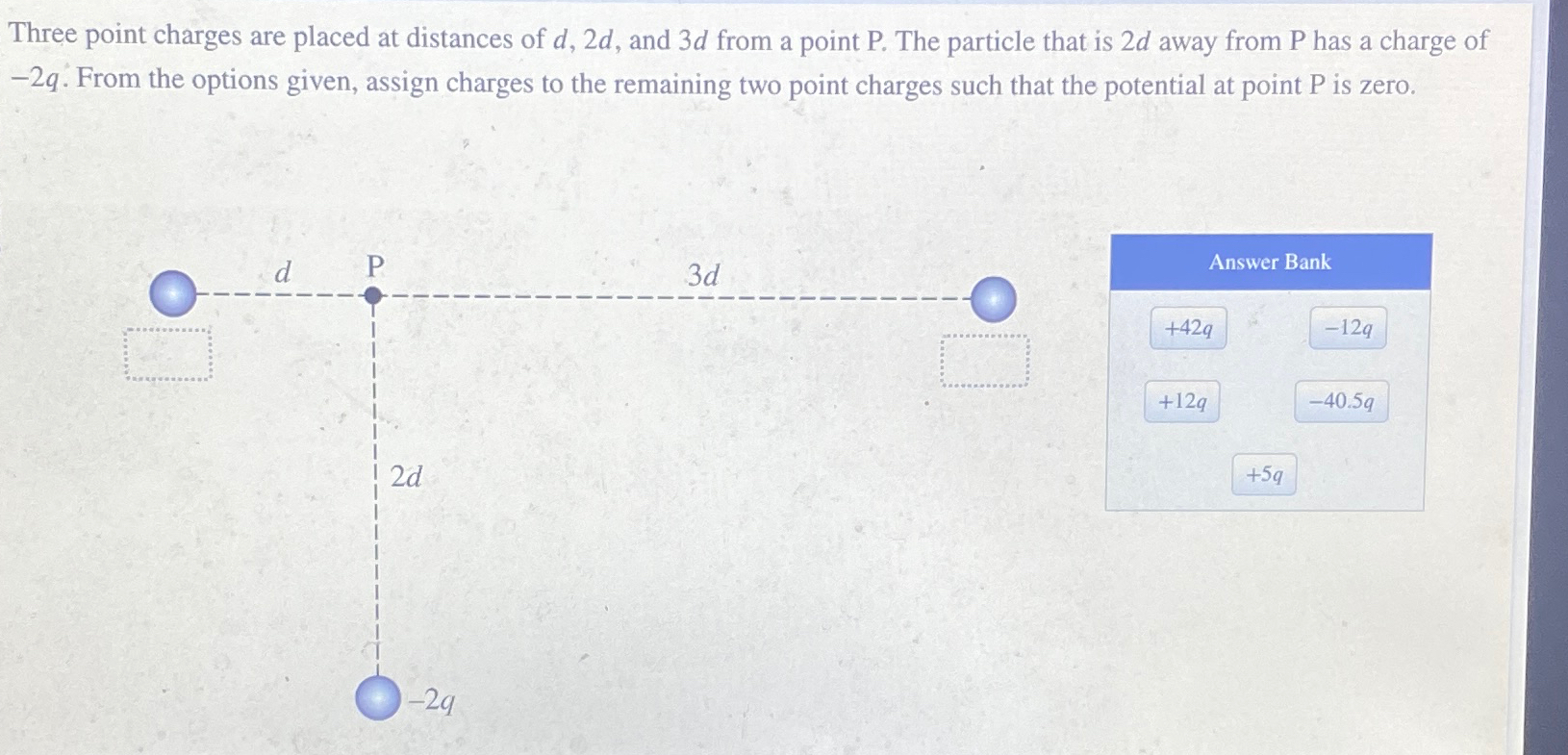 Solved Three point charges are placed at distances of d,2d, | Chegg.com