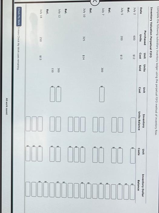 Solved Complete the following subsidiary inventory ledger | Chegg.com