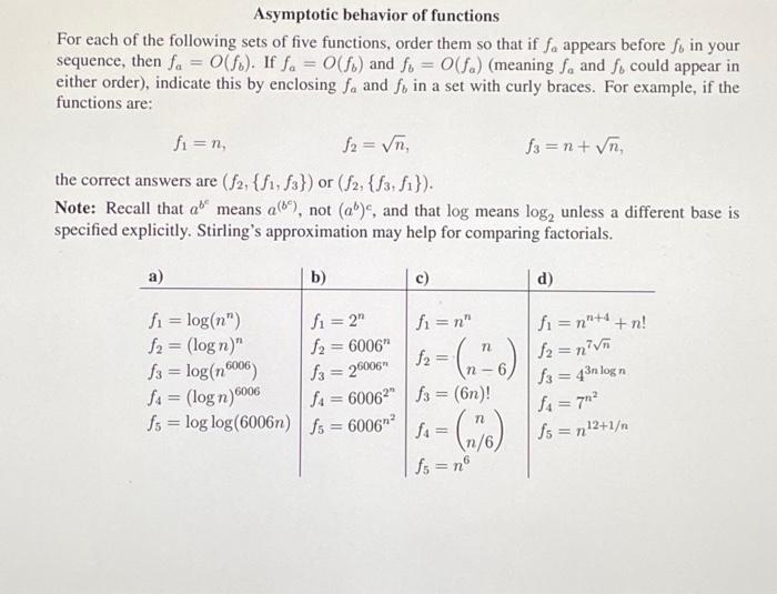 Solved Asymptotic behavior of functions For each of the | Chegg.com