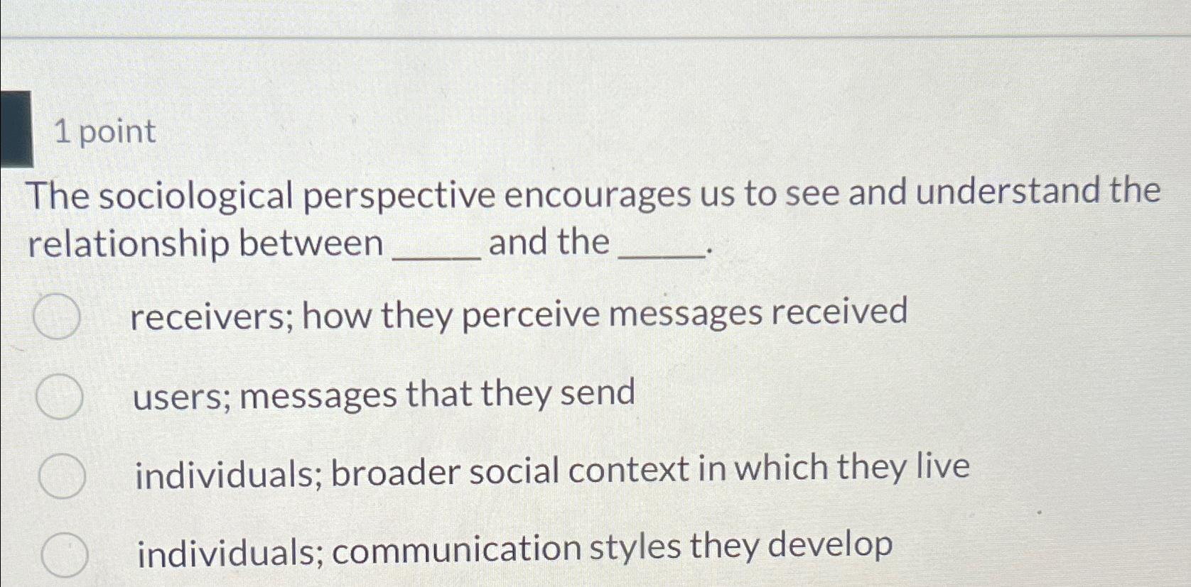 Solved 1 ﻿pointThe sociological perspective encourages us to | Chegg.com
