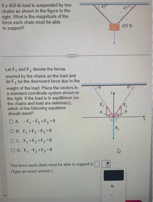 Solved If a 450−1b load is suspended by two chains as shown | Chegg.com