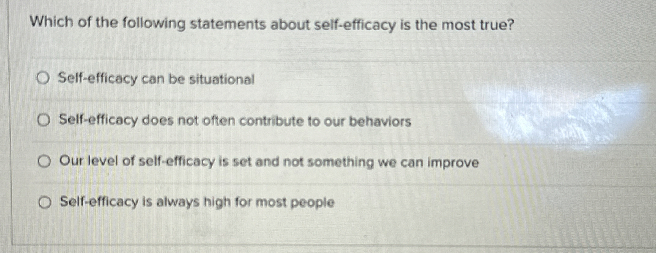 Solved Which of the following statements about self-efficacy | Chegg.com