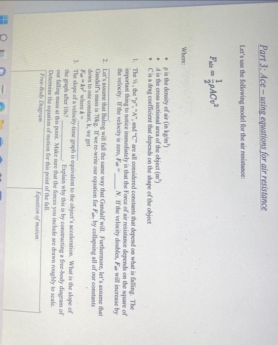 Solved Part 3: Ace - using equations for air resistance | Chegg.com