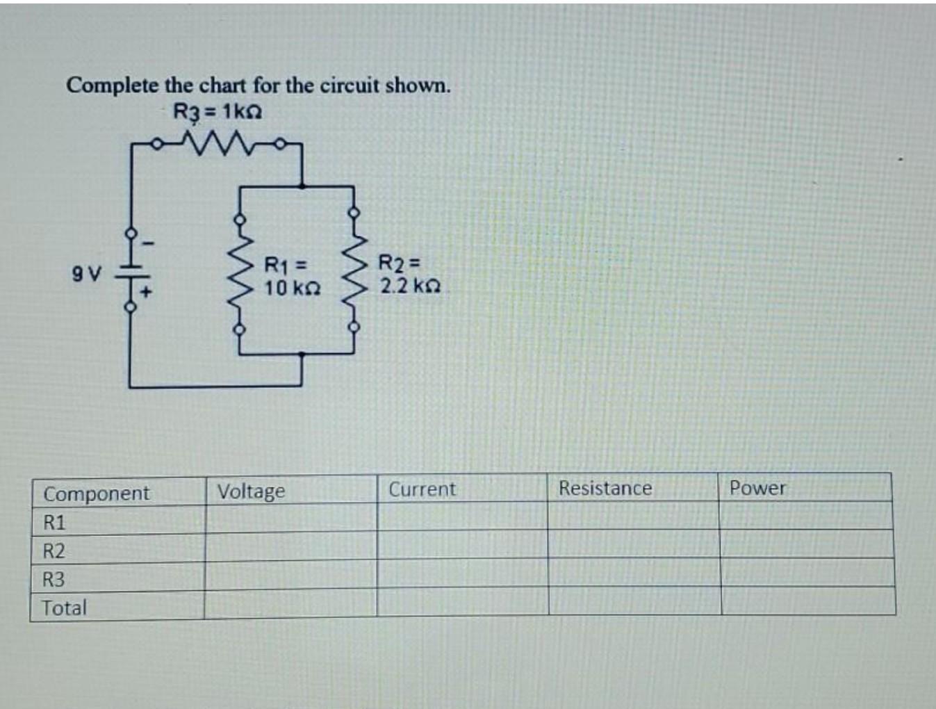 Solved Complete the chart for the circuit shown. R3 = 1k2 9V | Chegg.com
