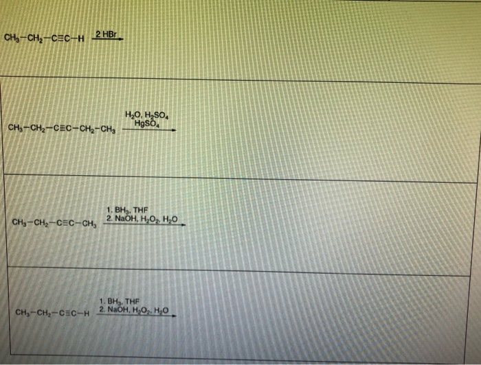 Solved 2 HBr CH3 -CH2-CEC-H H2O, H2SO. HgSo. CH3 | Chegg.com