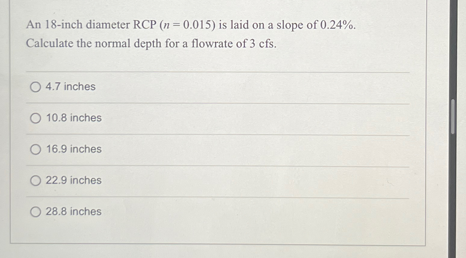 Solved An 18-inch diameter RCP )=(0.015 ﻿is laid on a slope | Chegg.com