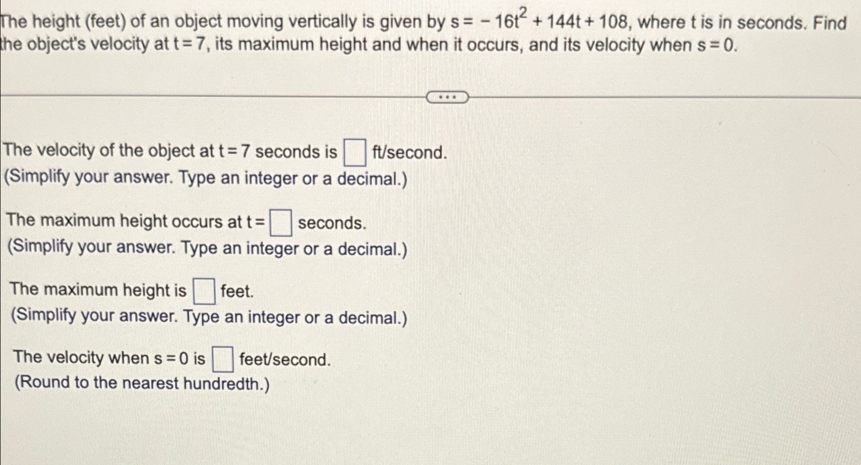 Solved The height (feet) ﻿of an object moving vertically is | Chegg.com