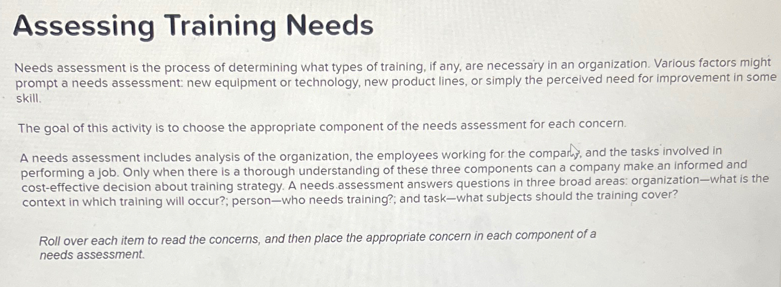 Solved Assessing Training NeedsNeeds assessment is the | Chegg.com