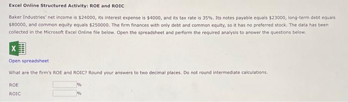 Solved Excel Online Structured Activity: ROE and ROIC Baker | Chegg.com