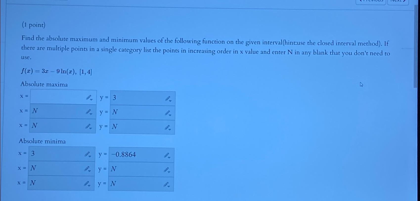 Solved (1 ﻿point)Find the absolute maximum and minimum | Chegg.com