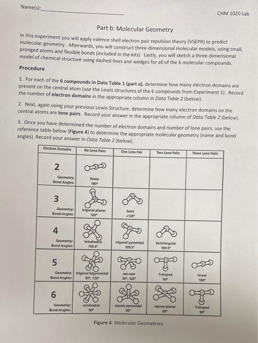 Solved Name(s): CHM 1020 Lab Part b: Molecular Geometry In | Chegg.com