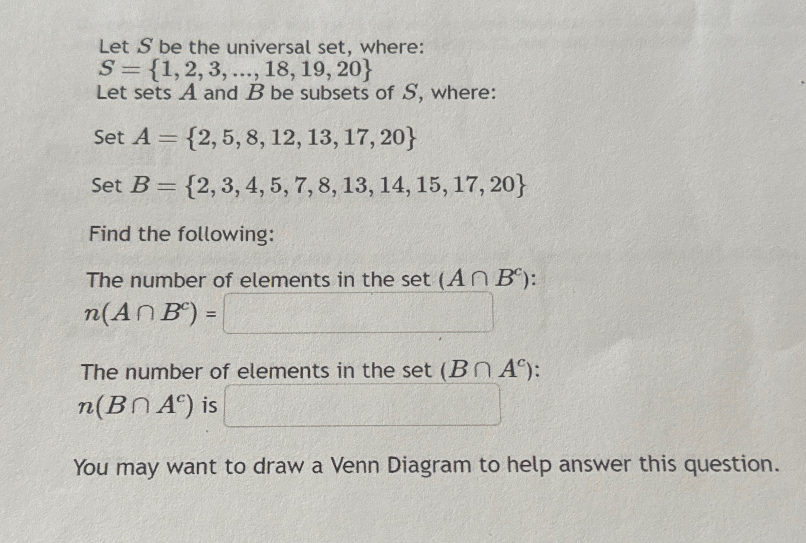 Solved Let S ﻿be the universal set, | Chegg.com
