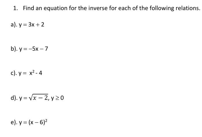 Solved 1. Find an equation for the inverse for each of the | Chegg.com