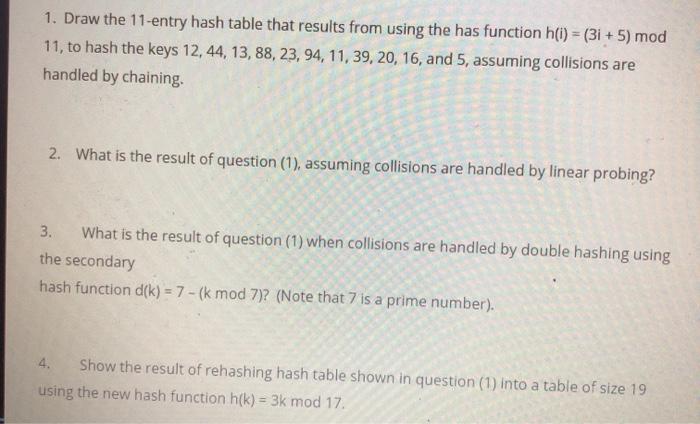 Solved 1. Draw the 11-entry hash table that results from | Chegg.com