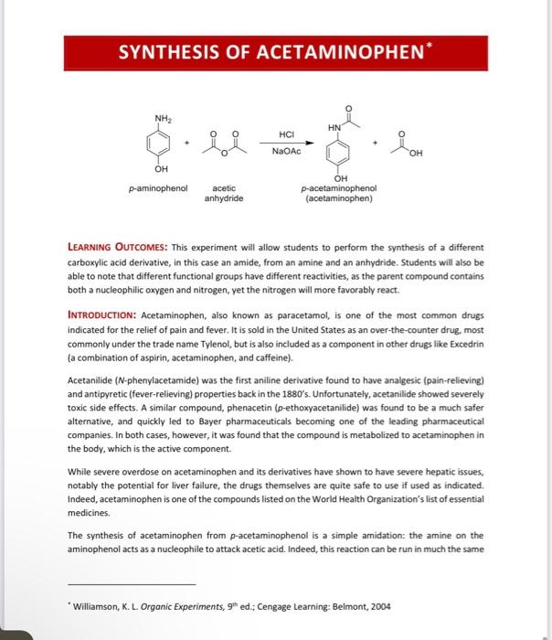SYNTHESIS OF ACETAMINOPHEN ∗ LEARNING OUTCOMES: This | Chegg.com