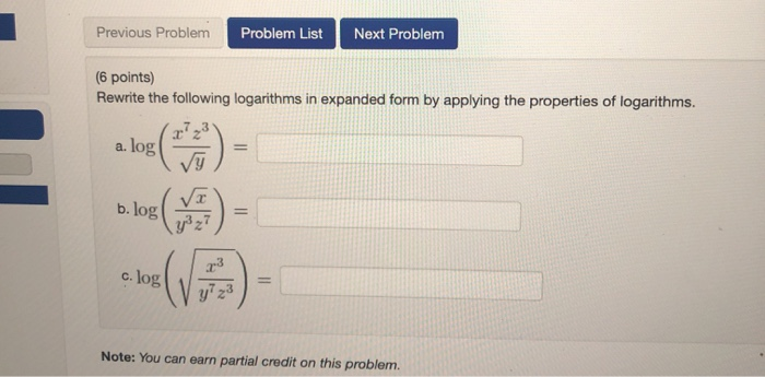 Solved OT Logarithms: F Previous Problem Problem List Next | Chegg.com