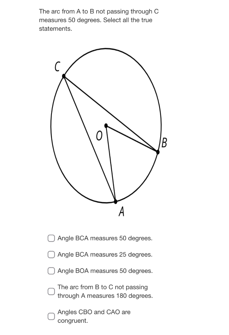 Solved The arc from A ﻿to B ﻿not passing through C ﻿measures | Chegg.com