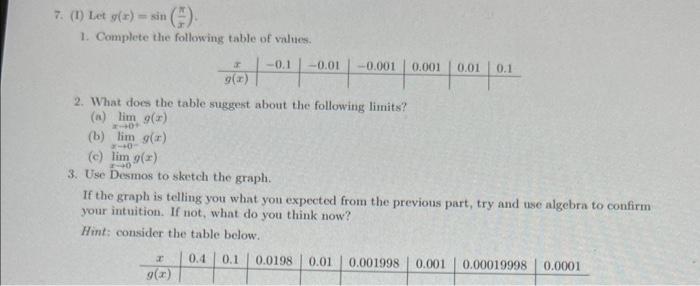 Solved 7. (I) Let g(x)=sin(xπ) 1. Complete the following | Chegg.com