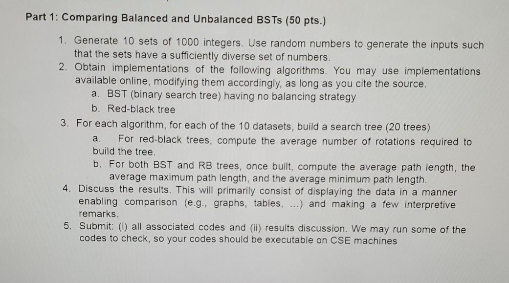 Solved Part 1: Comparing Balanced and Unbalanced BSTs (50 | Chegg.com