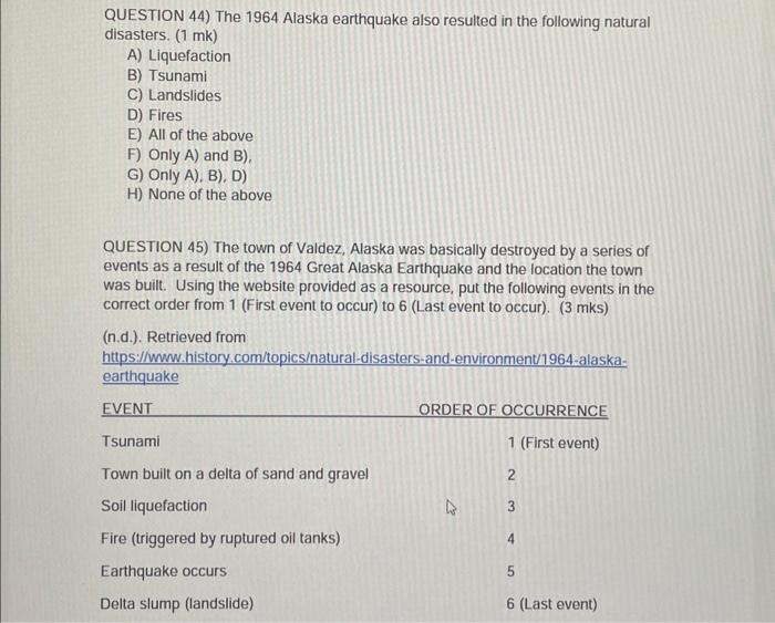 Solved QUESTION 44) The 1964 Alaska earthquake also resulted | Chegg.com