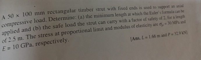 Solved A 50×100mm ﻿rectangular timber strut with fixed ends | Chegg.com