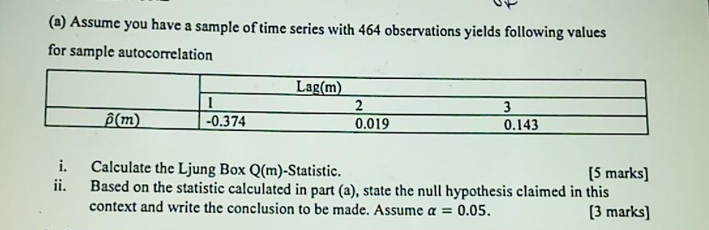 Solved (a) Assume you have a sample of time series with 464 | Chegg.com