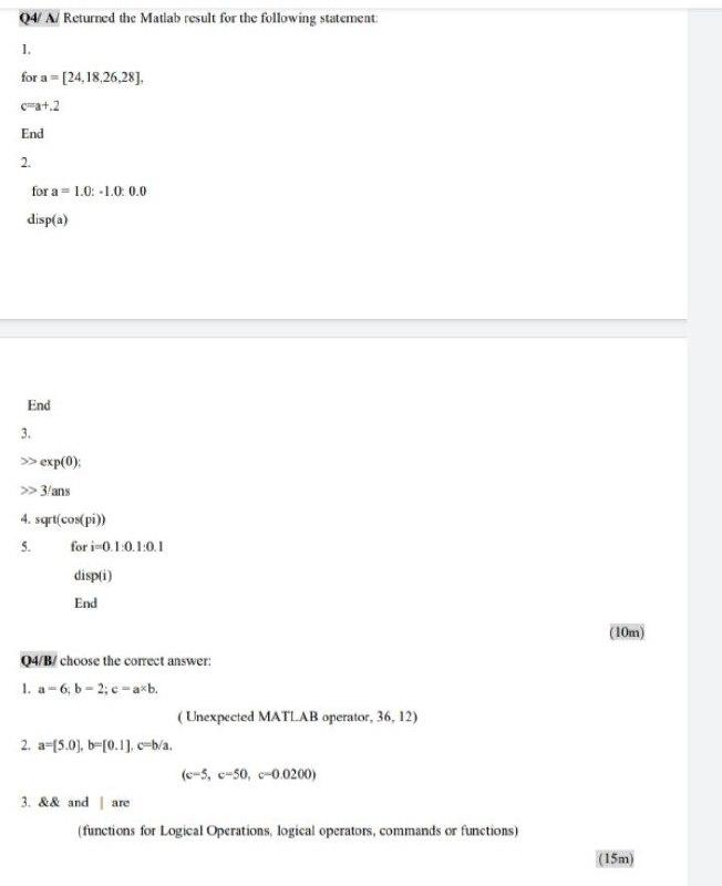 Solved 04 A/ Returned the Matlab result for the following | Chegg.com