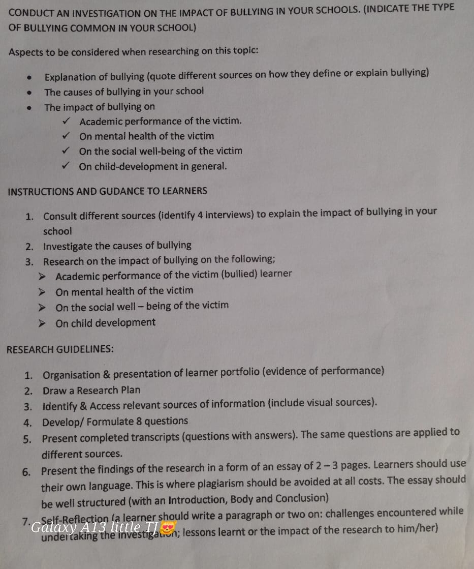 Solved CONDUCT AN INVESTIGATION ON THE IMPACT OF BULLYING IN | Chegg.com