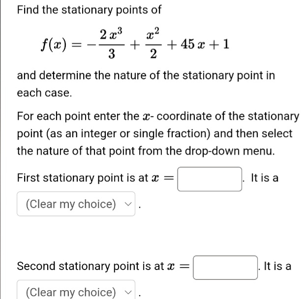 Solved Find the stationary points off(x)=-2x33+x22+45x+1and | Chegg.com