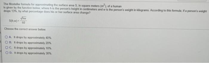 Solved The Mosteller formula for approximating the surface | Chegg.com