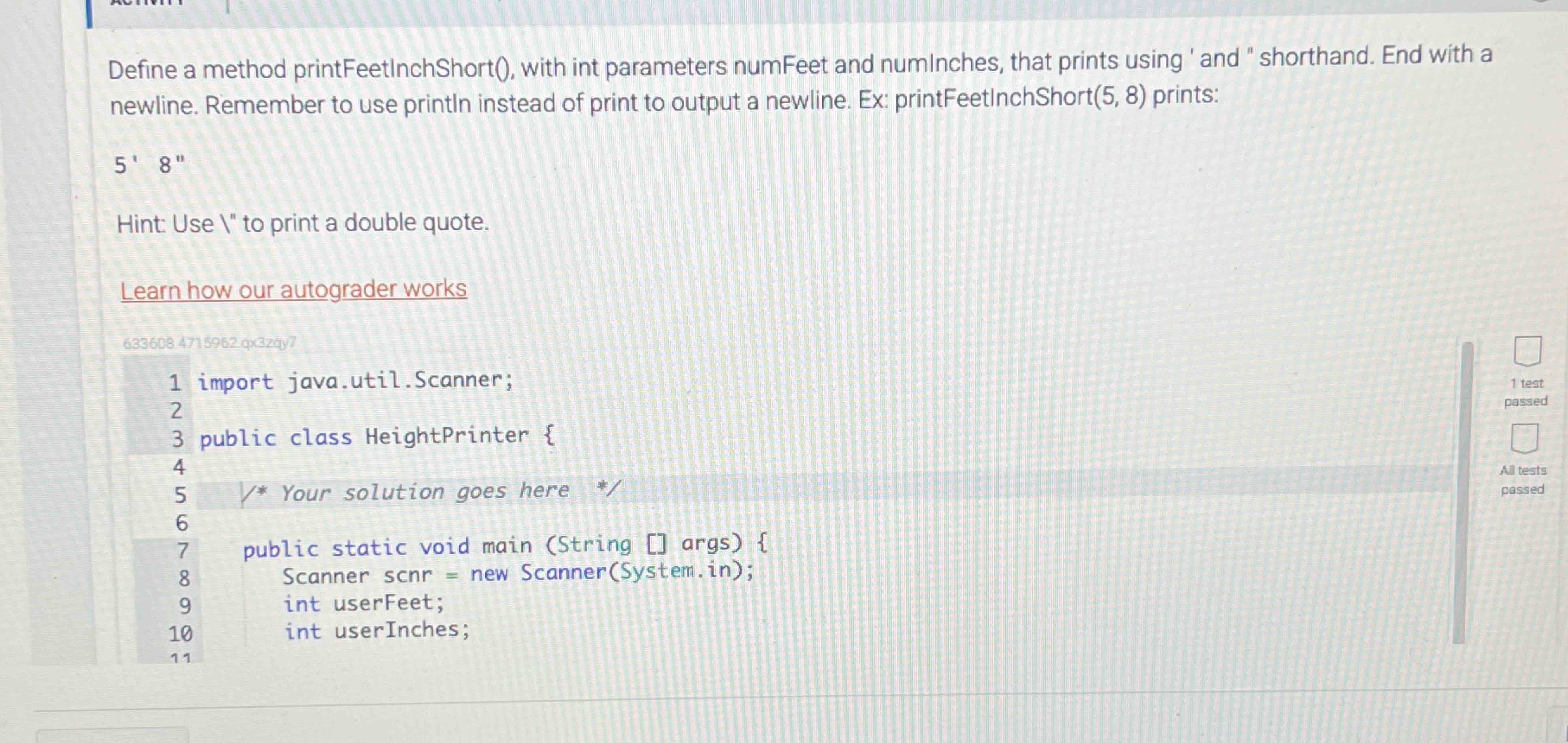 Solved Define a method printFeetInchShort(), ﻿with int | Chegg.com