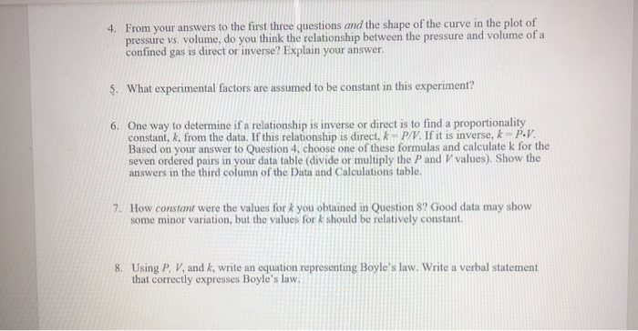 Solved Volume (mL) Pressure (kPa) Calculate Constant, k (P/V | Chegg.com