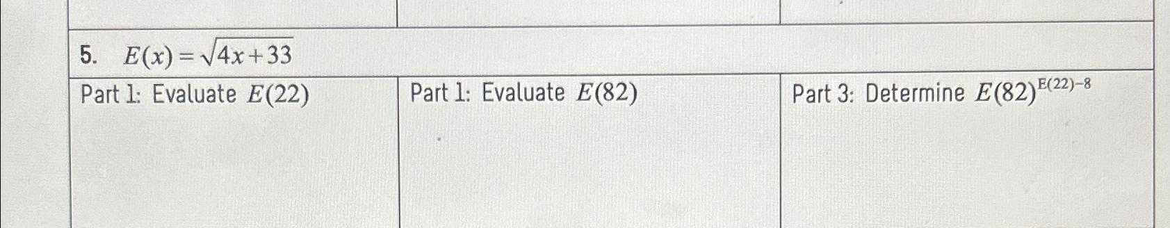 Solved E(x)=4x+332\table[[Part l: Evaluate E(22),Part 1: | Chegg.com