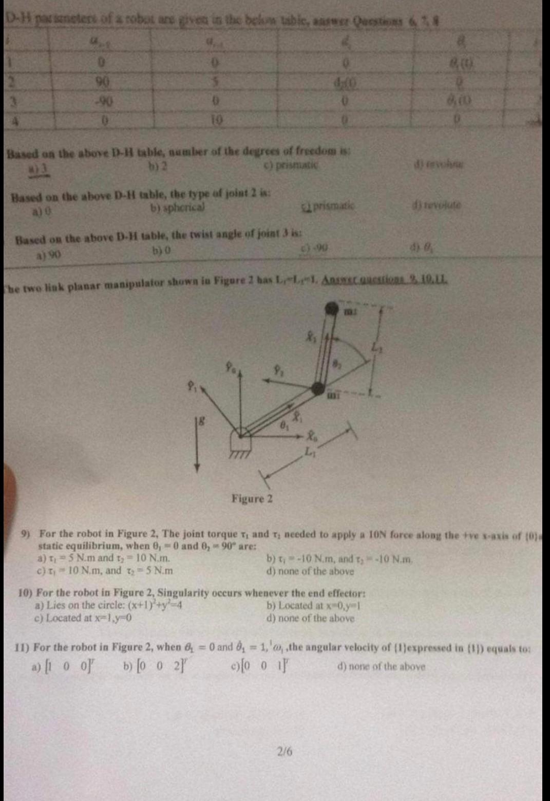 Solved For the robot in Figure 2, The joint torque τ1 and τ2 | Chegg.com