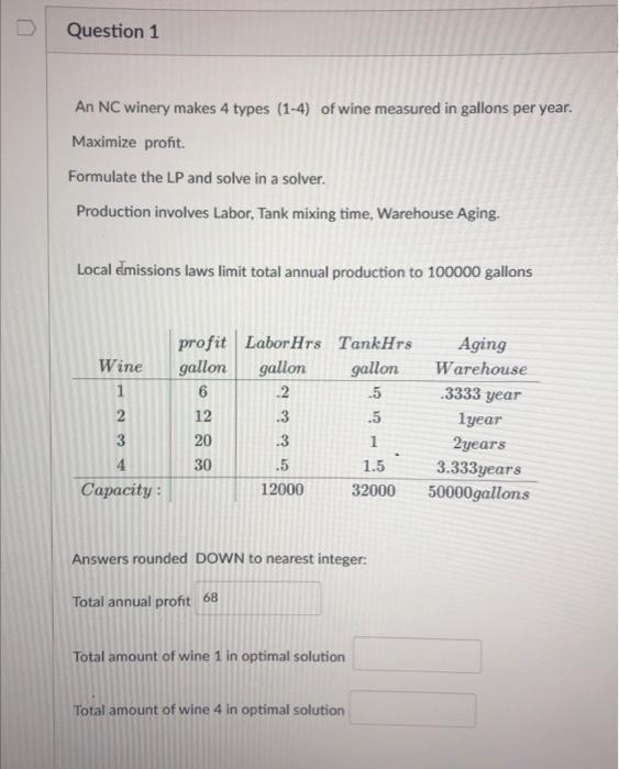 Solved An NC winery makes 4 types (1-4) of wine measured in | Chegg.com