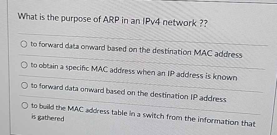 Solved What is the purpose of ARP in an IPV4 ﻿network ??to | Chegg.com