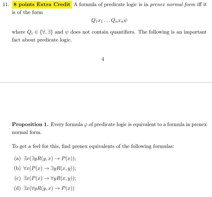 11. 8 points Extra Credit A formula of predicate | Chegg.com