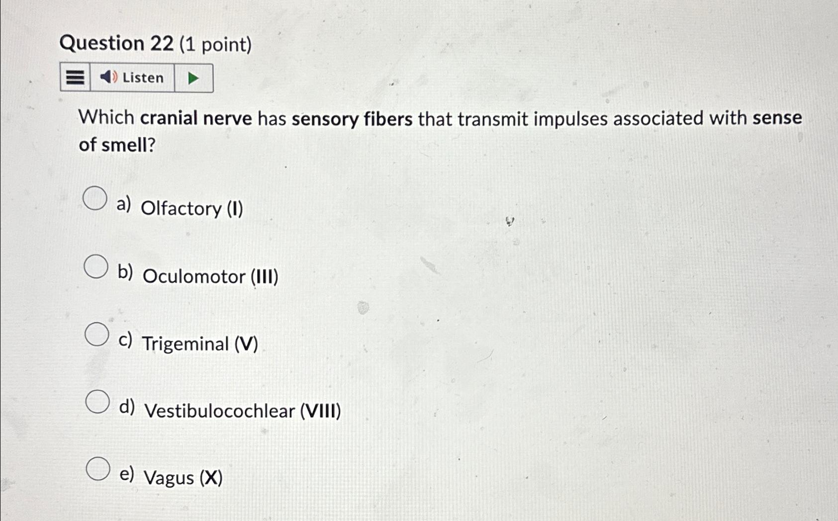 Solved Question 22 (1 ﻿point)ListenWhich cranial nerve has | Chegg.com