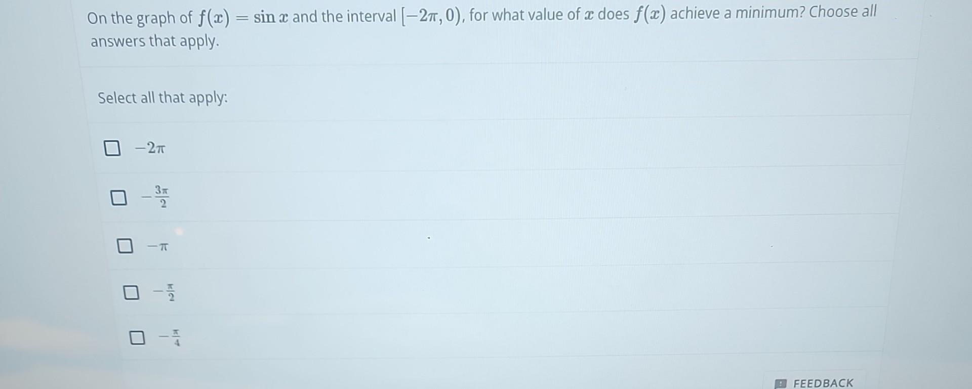 Solved On the graph of f(x)=sinx and the interval [−2π,0), | Chegg.com