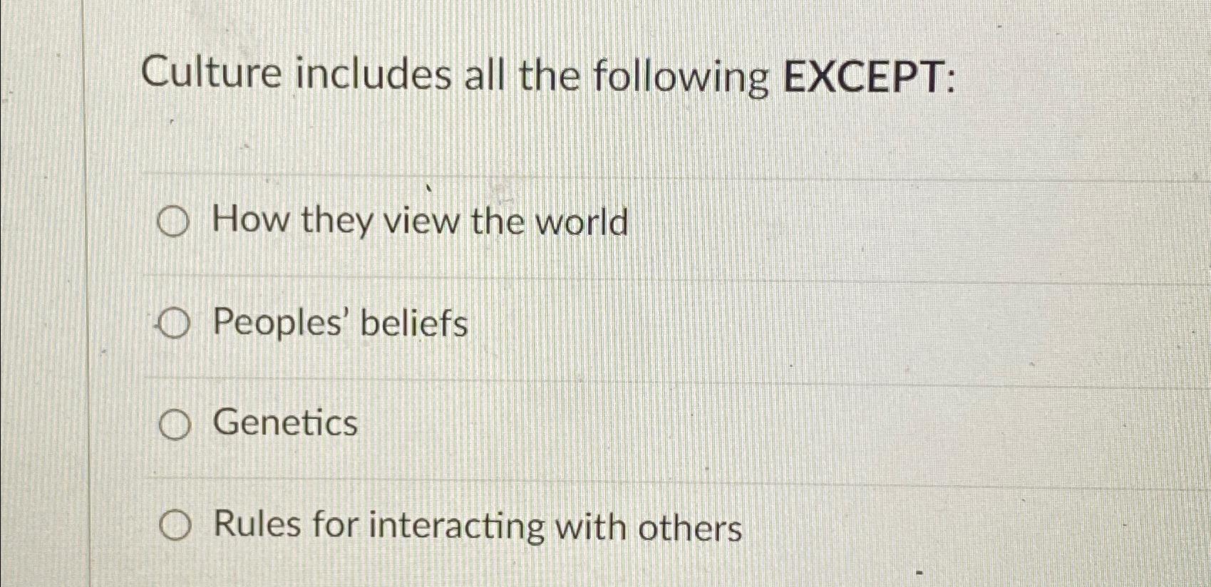 Solved Culture includes all the following EXCEPT:How they | Chegg.com