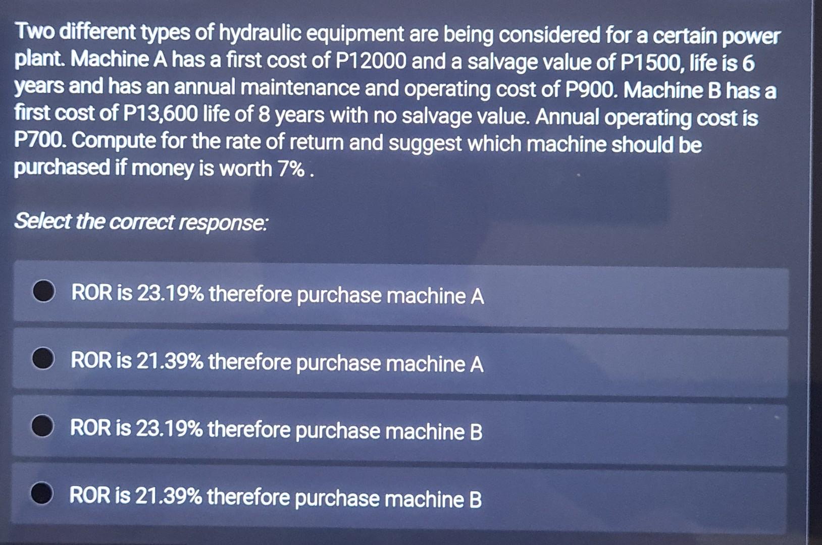 Solved compute the rate of return and suggest wich machine | Chegg.com