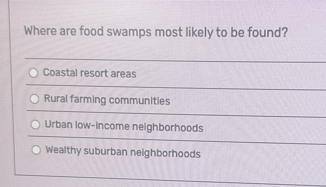 Solved Where are food swamps most likely to be found?Coastal | Chegg.com