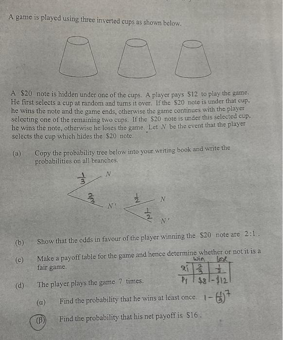 Solved A game is played using three inverted cups as shown | Chegg.com