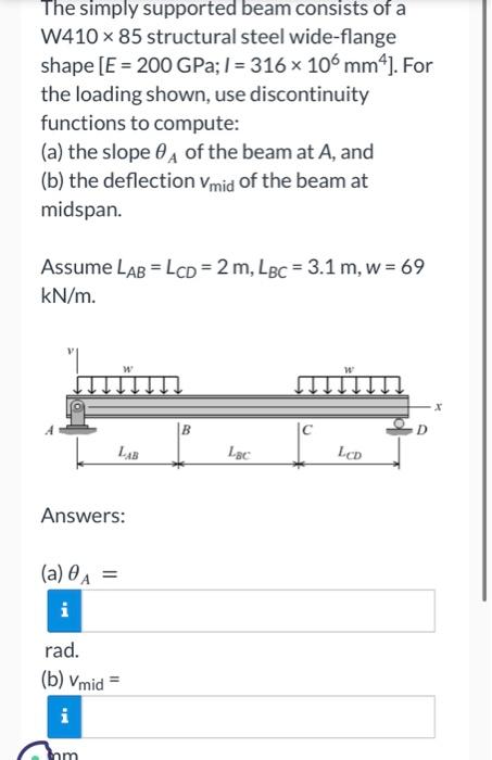 Solved The simply supported beam consists of a W410 ×85 | Chegg.com