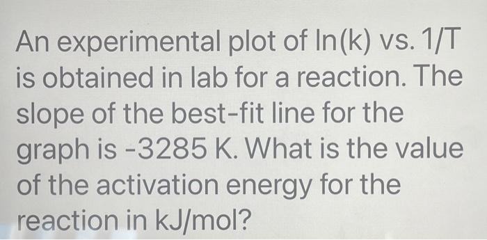 Solved An experimental plot of ln(k) vs. 1/T is obtained in | Chegg.com
