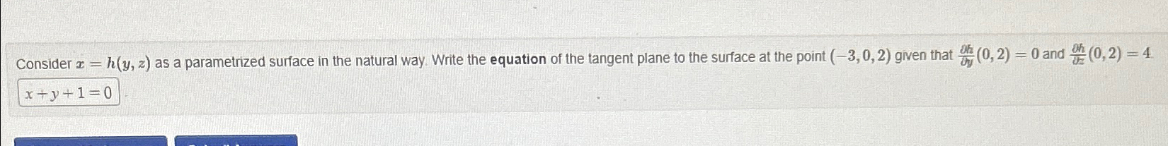 Solved Consider x=h(y,z) ﻿as a parametrized surface in the | Chegg.com
