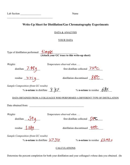 Lab Section Name Write-Up Sheet for Distillation/Gas | Chegg.com