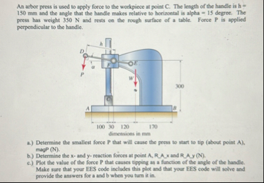 Solved An arbor press is used to apply force to the | Chegg.com