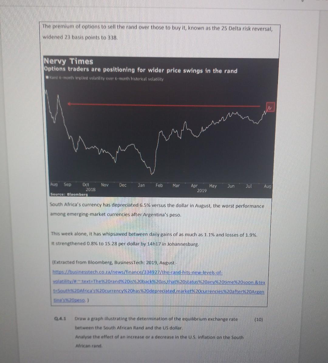 Solved The premium of options to sell the rand over those to | Chegg.com